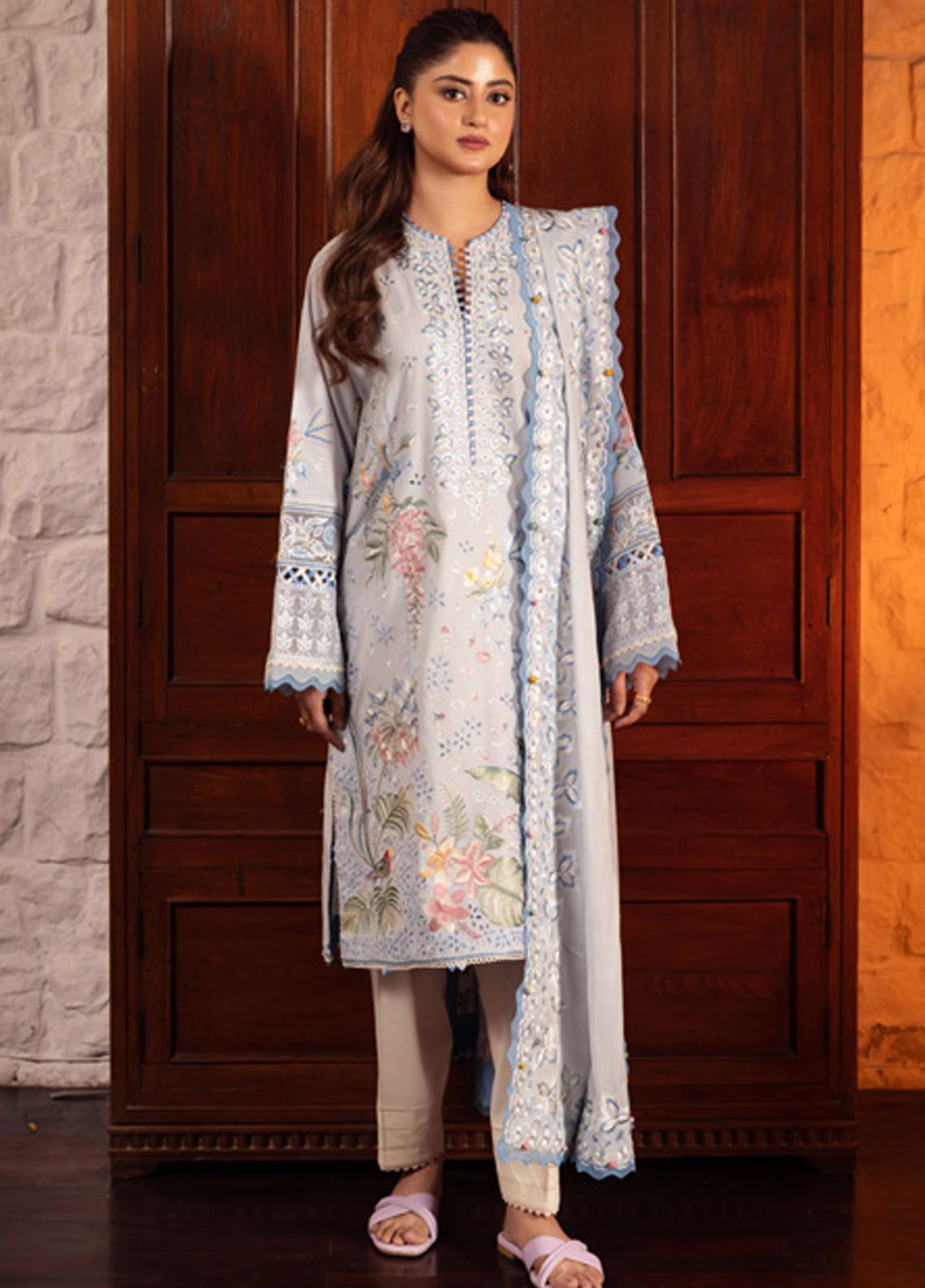 Zaha Embroidered Lawn Suits Unstitched 3 Piece ZKS24L ZL24-01B - Summer Collection – Sanaulla Store