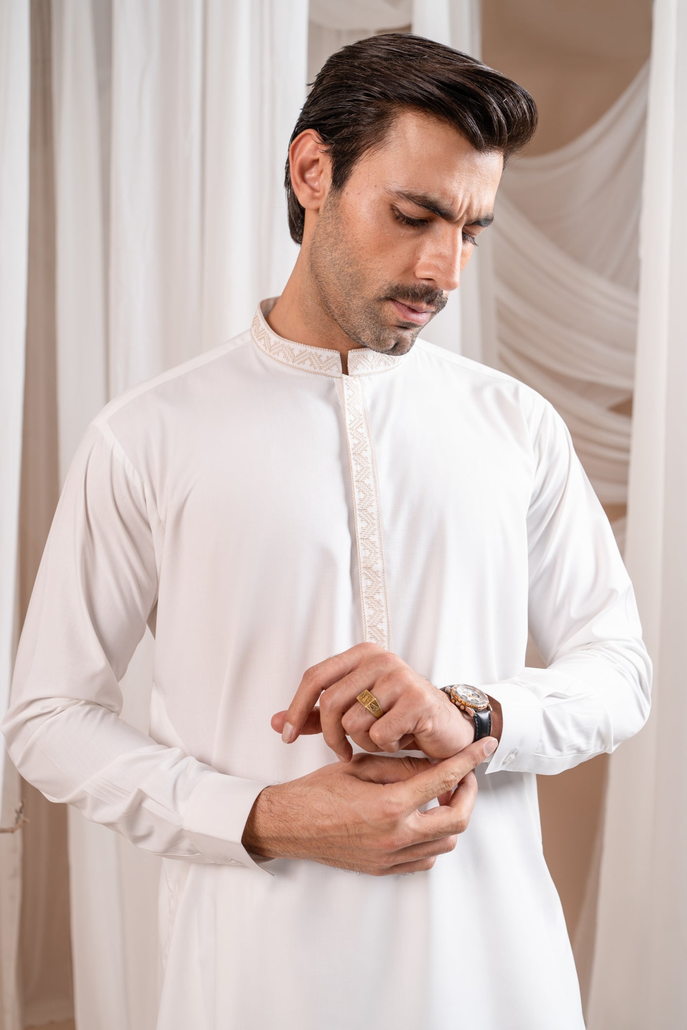 Muraqsh Ready To Wear Embroidered Cotton Men Formal Off White Kurta ...