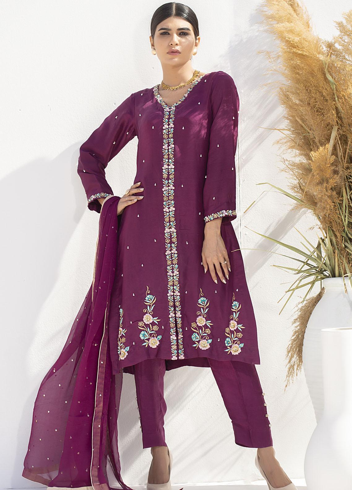 Aisha Fatema Luxury Pret Embroidered Raw Silk 2 Piece Suit ROYAL PLUM ...