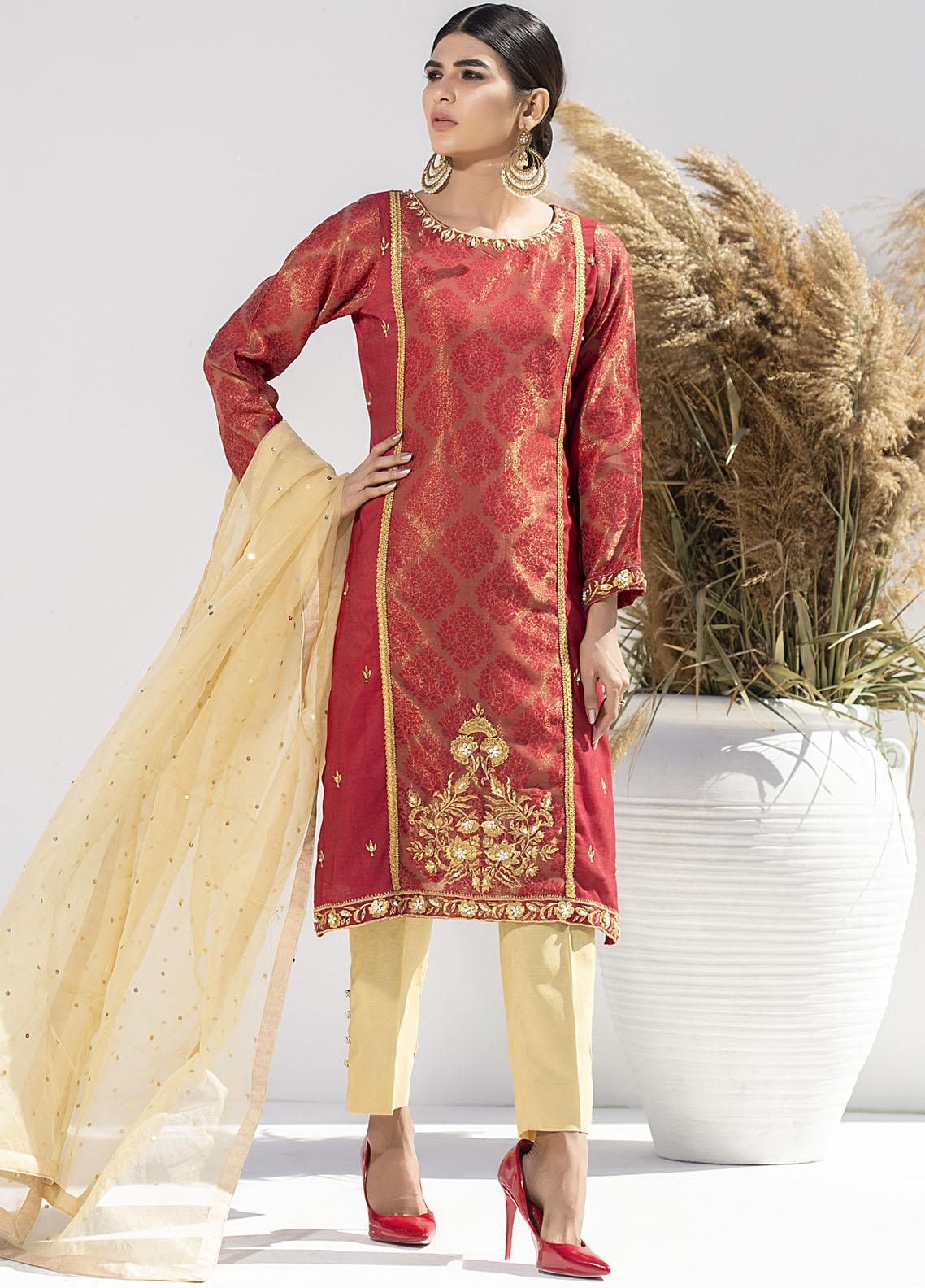 Aisha Fatema Luxury Pret Embroidered Khaadi Net 2 Piece Suit CARMINE ...
