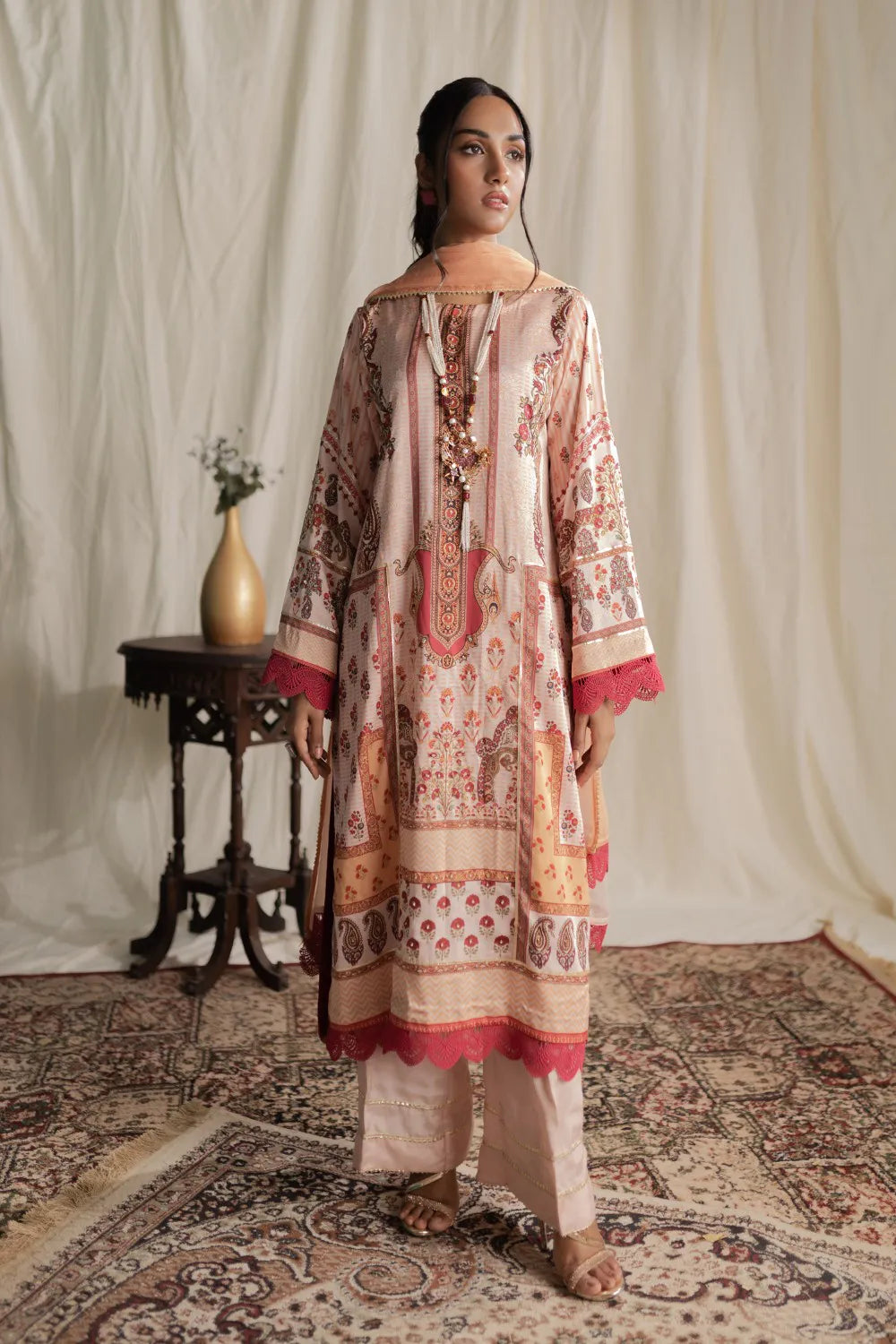 Aisha Fatema Pret Printed Silk 3 Piece Suit Coral – Sanaulla Store