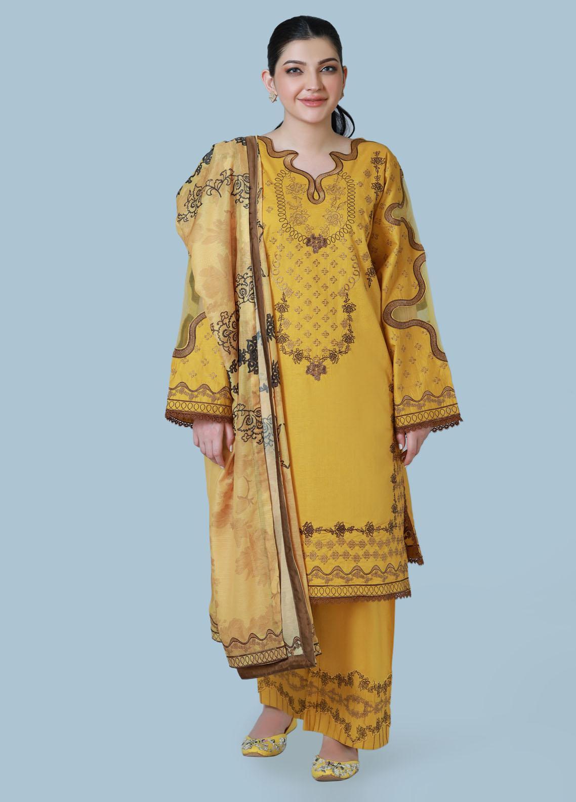 Bareeq Pret Lawn 3 Piece Suit Mustard Muse – Sanaulla Store
