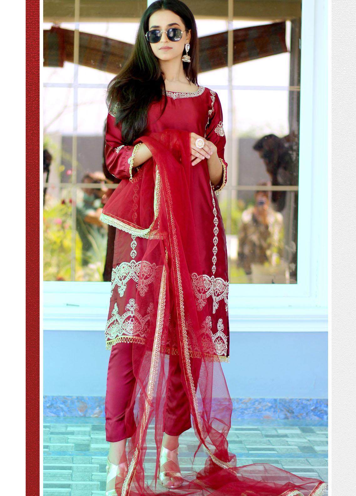 Bareeq Pret Silk 3 Piece Suit Maroon – Sanaulla Store