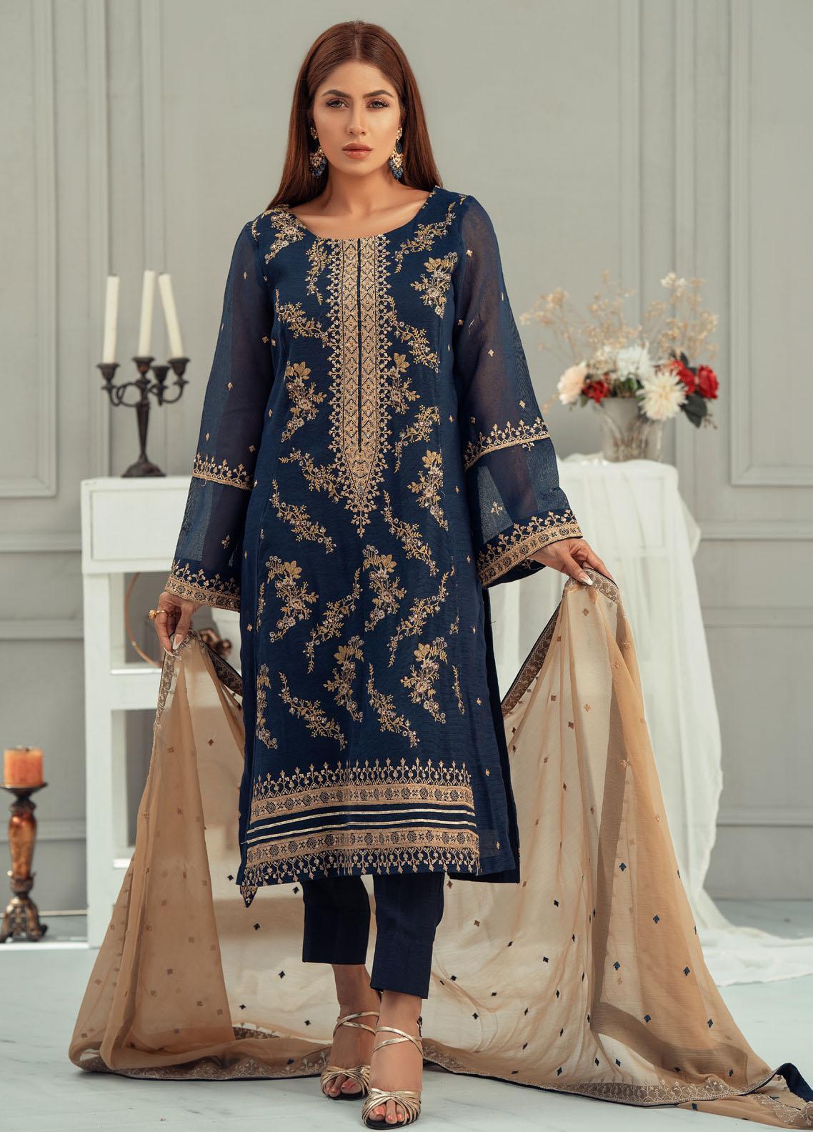 Fascino Embroidered Khaadi Net Suits Unstitched 3 Piece FN22F SAPPHIRE ...