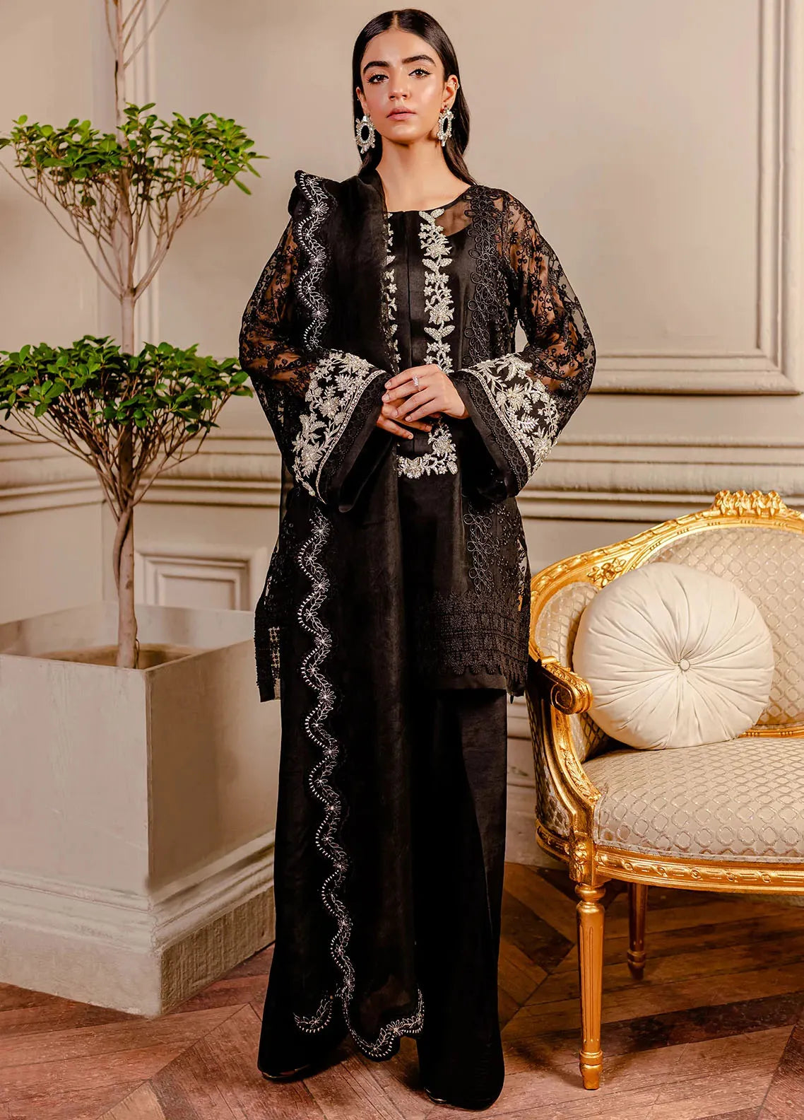 Fozia Khalid Pret Embroidered Organza 3 Piece Suit Raven Black ...