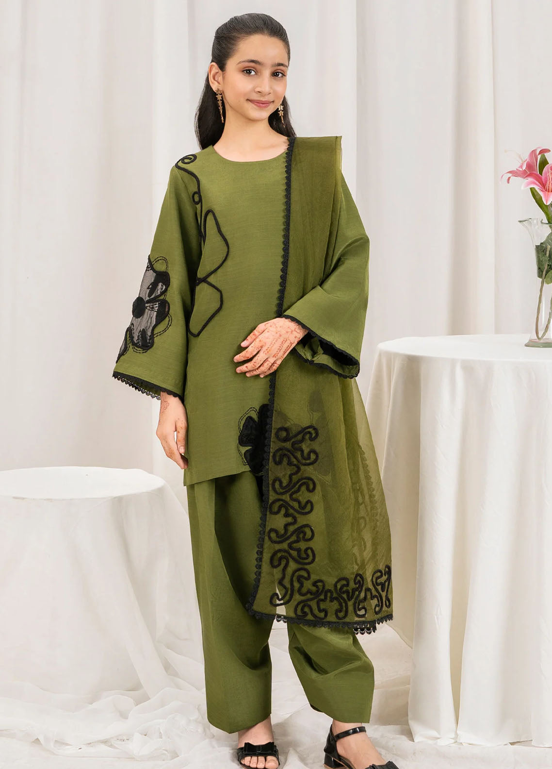 Fozia Khalid Pret Embroidered Silk 3 Piece Suit Olive Kids – Sanaulla Store