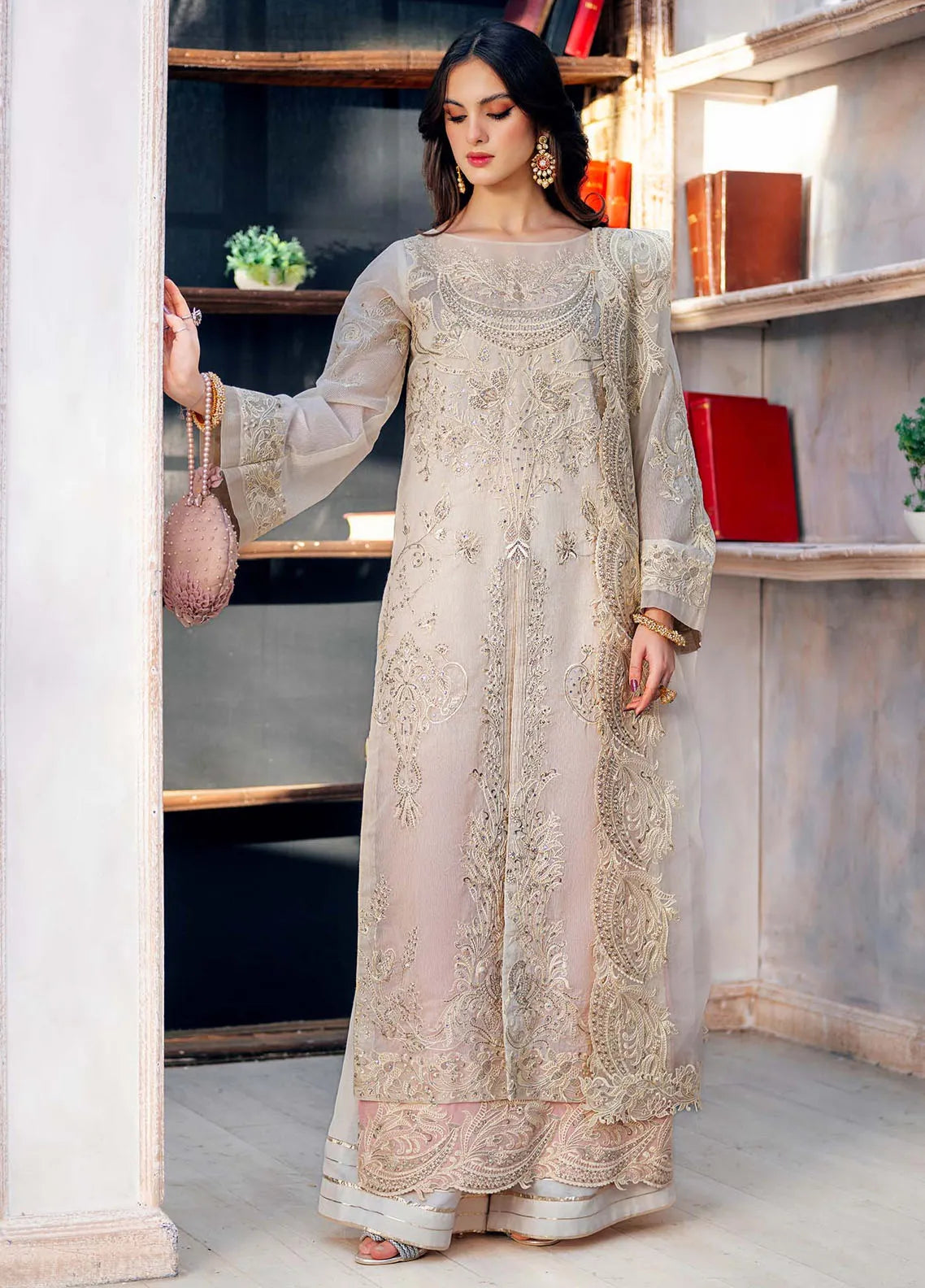 Jamnii Pret Embroidered Khaadi Net 3 Piece Suit Carnation Viel ...