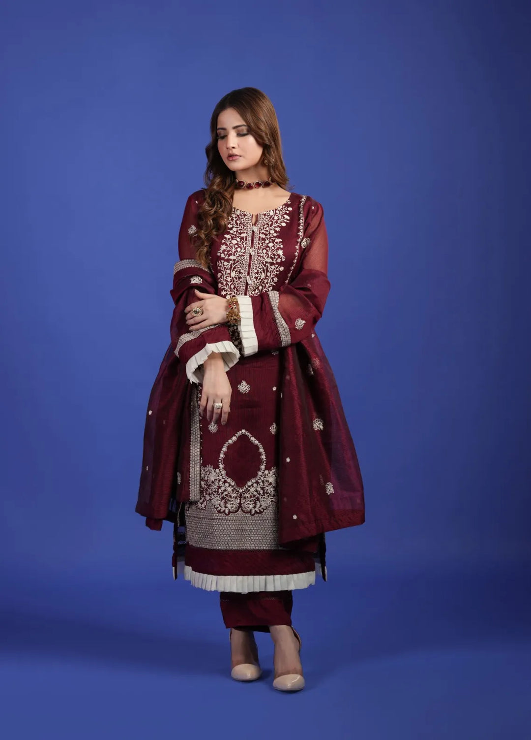 Rafjan Pret Embroidered Khaadi Net 3 Piece Suit Maroon Bliss Maroon ...