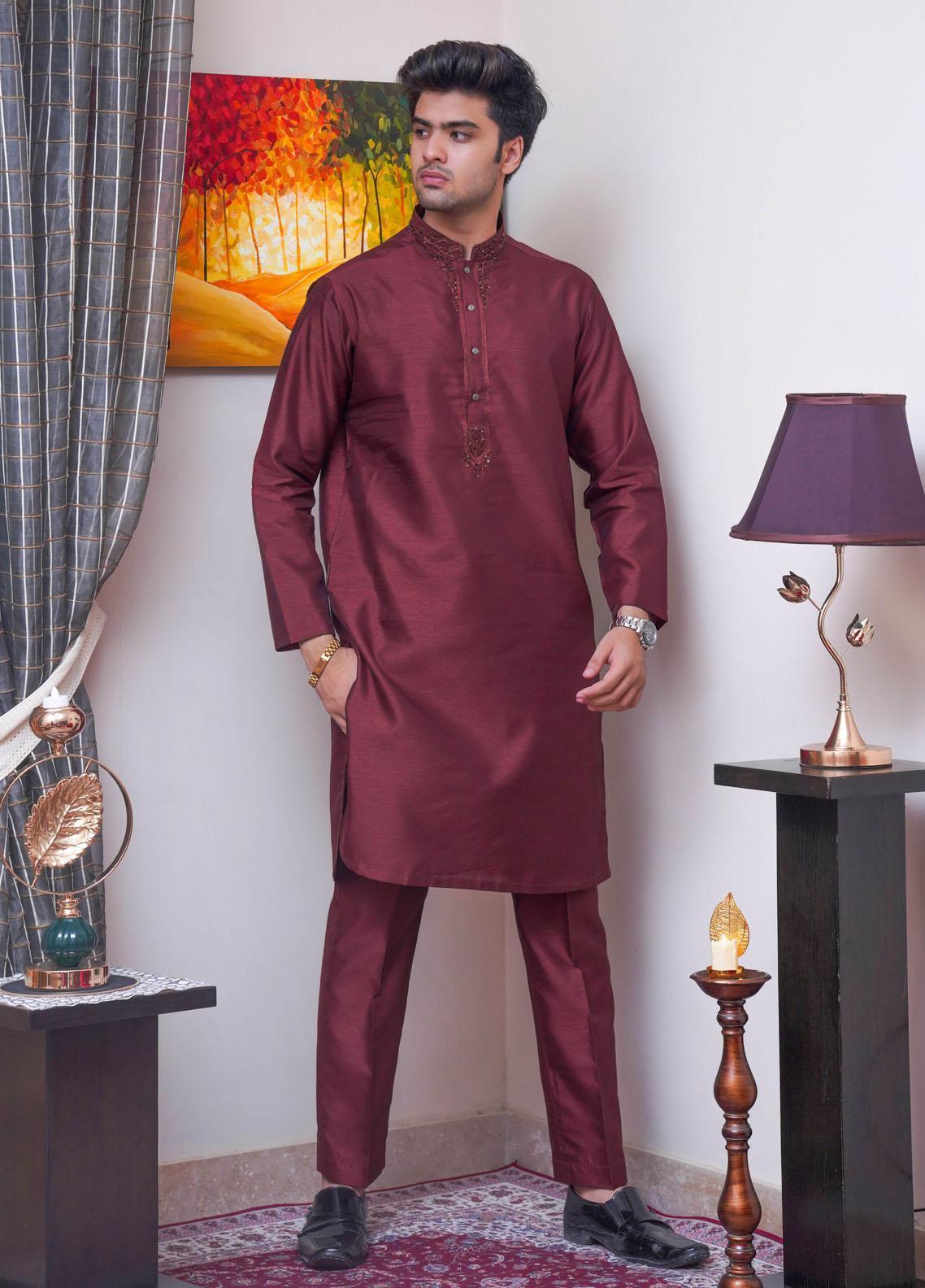 Buy Real Image Raw Silk Formal Kurta Pajama for Men - D-485 Maroon ...