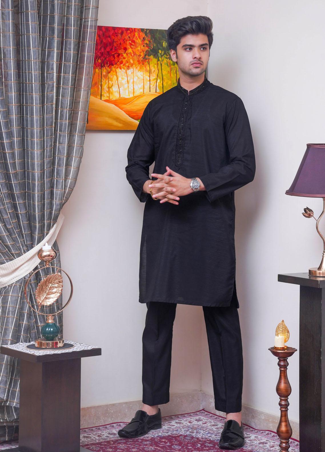 Buy Real Image Raw Silk Formal Kurta Pajama for Men - D-515 Black ...