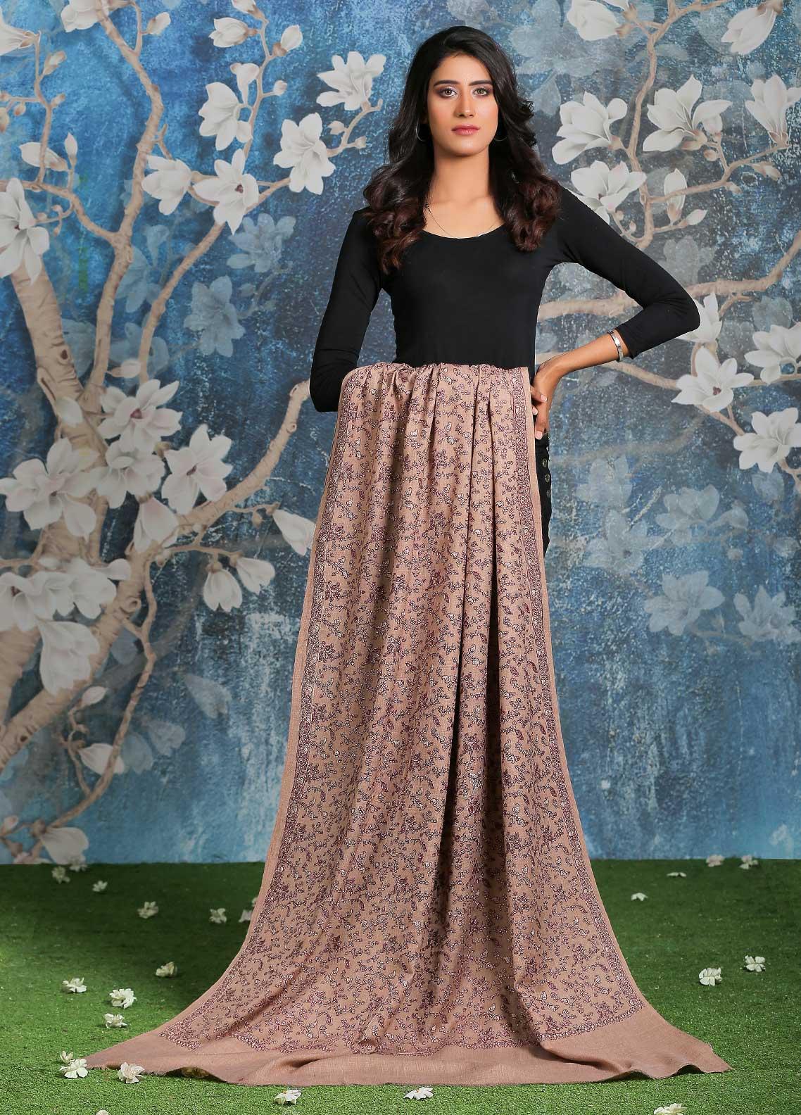 Sanaulla Exclusive Range Embroidered Pashmina Shawl AKP-11 Fawn-7 ...
