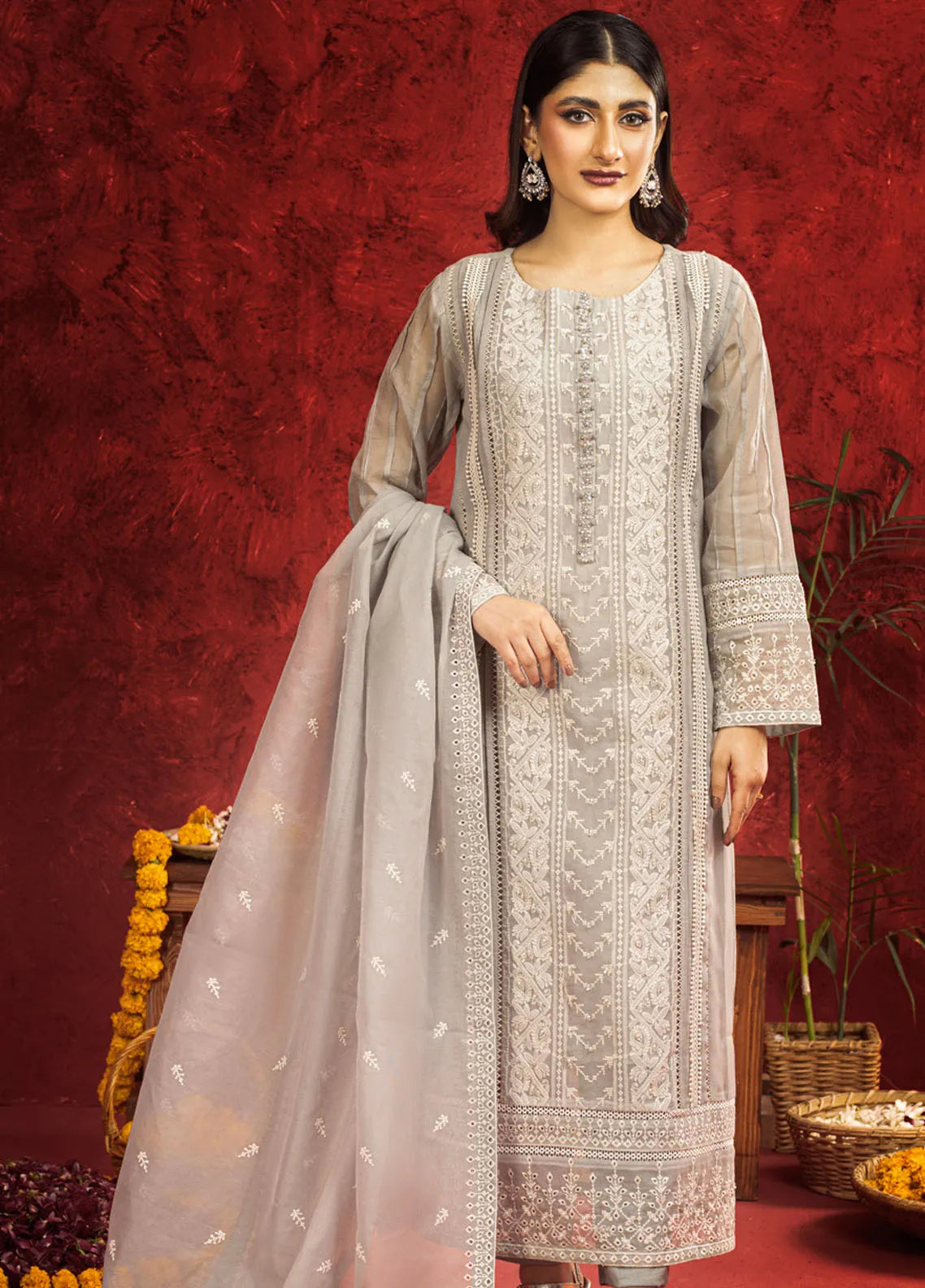 Shamooz Pret Embroidered Khaadi Net 3 Piece Suit SEM-0661 – Sanaulla Store