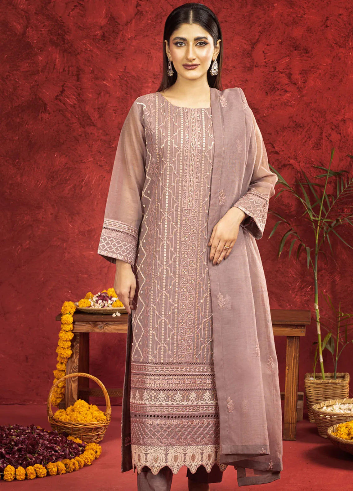 Shamooz Pret Embroidered Khaadi Net 3 Piece Suit SEM-0665 – Sanaulla Store