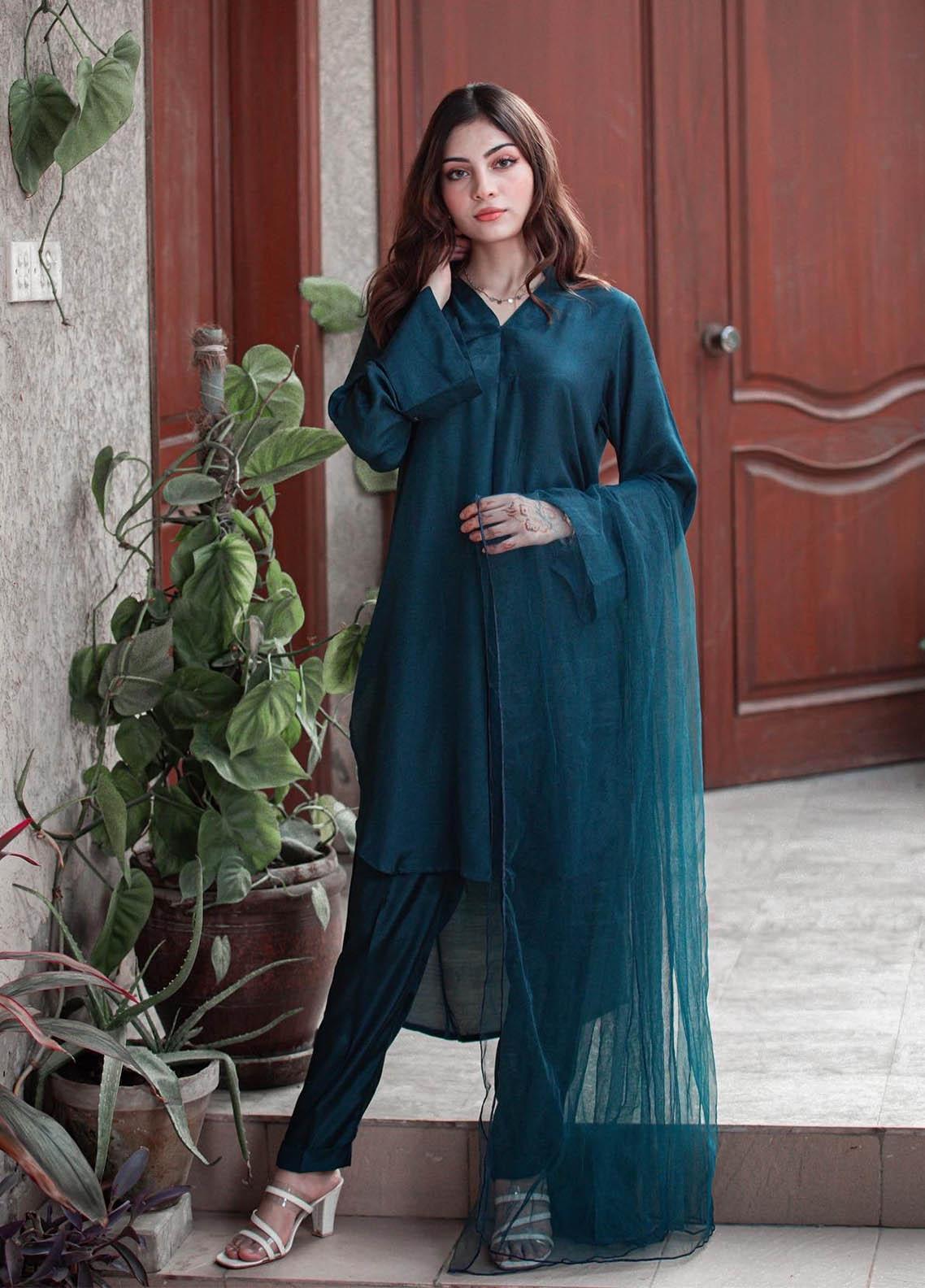Zauk Casual Pret Georgette 3 Piece Dress ZK23CW Teal blue three piece ...
